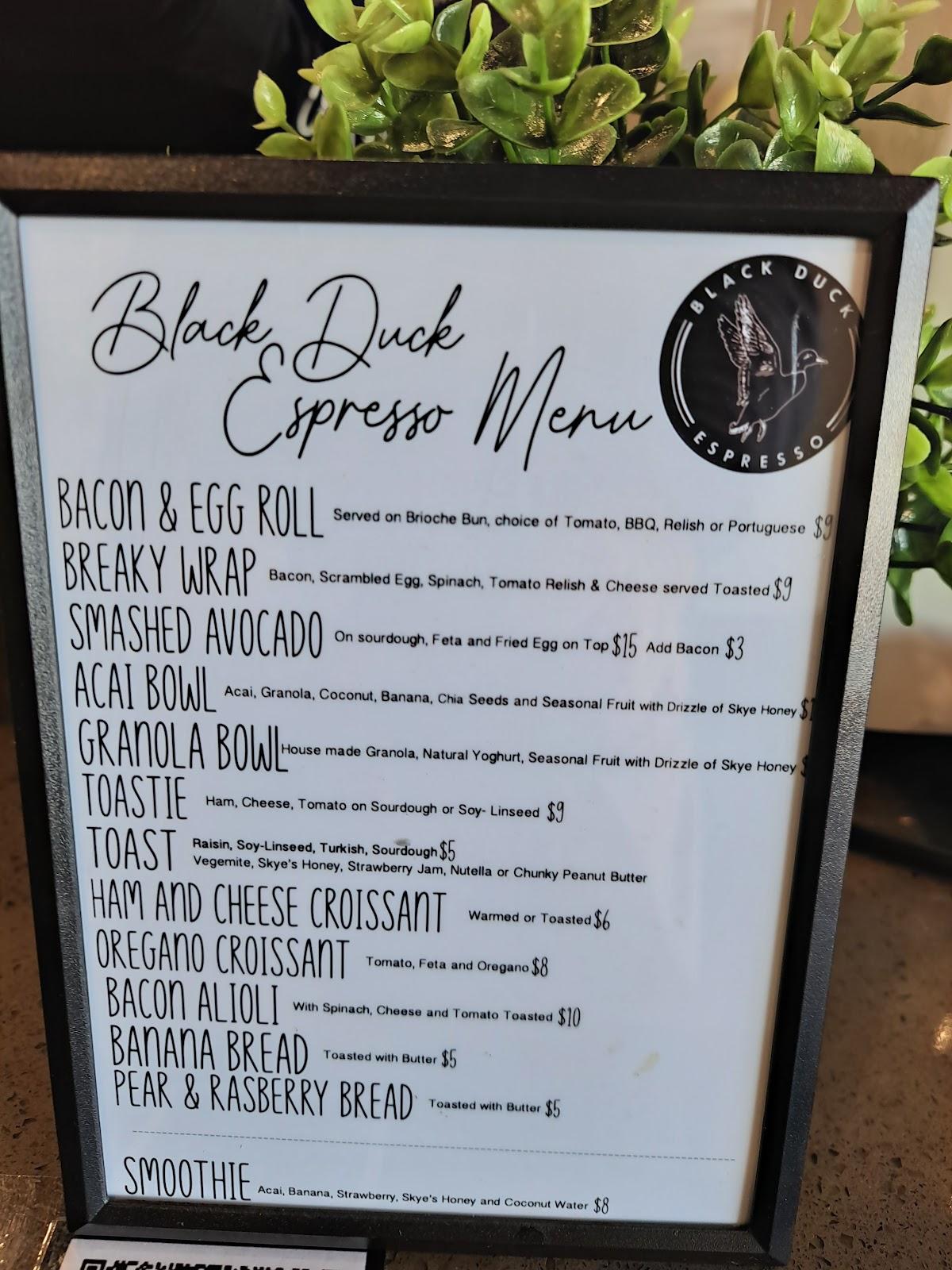 Menu at Black Duck Espresso Cafe, Richmond