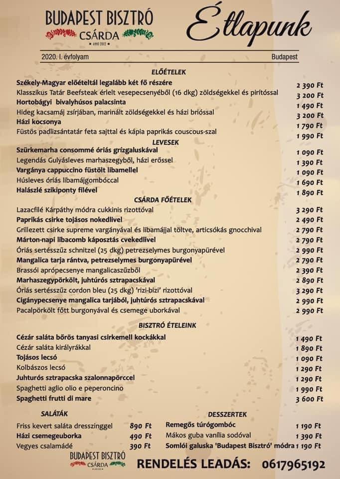 Menu at Budapest Bistro restaurant, Budapest