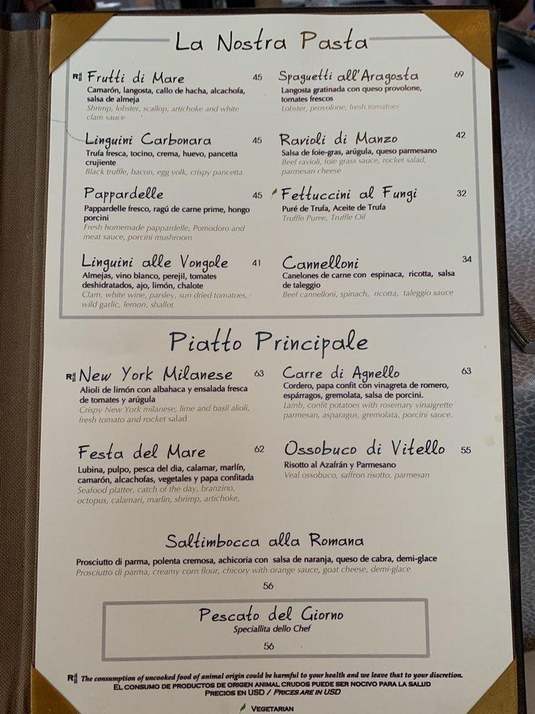 Carta del restaurante Cello, Playa del Carmen