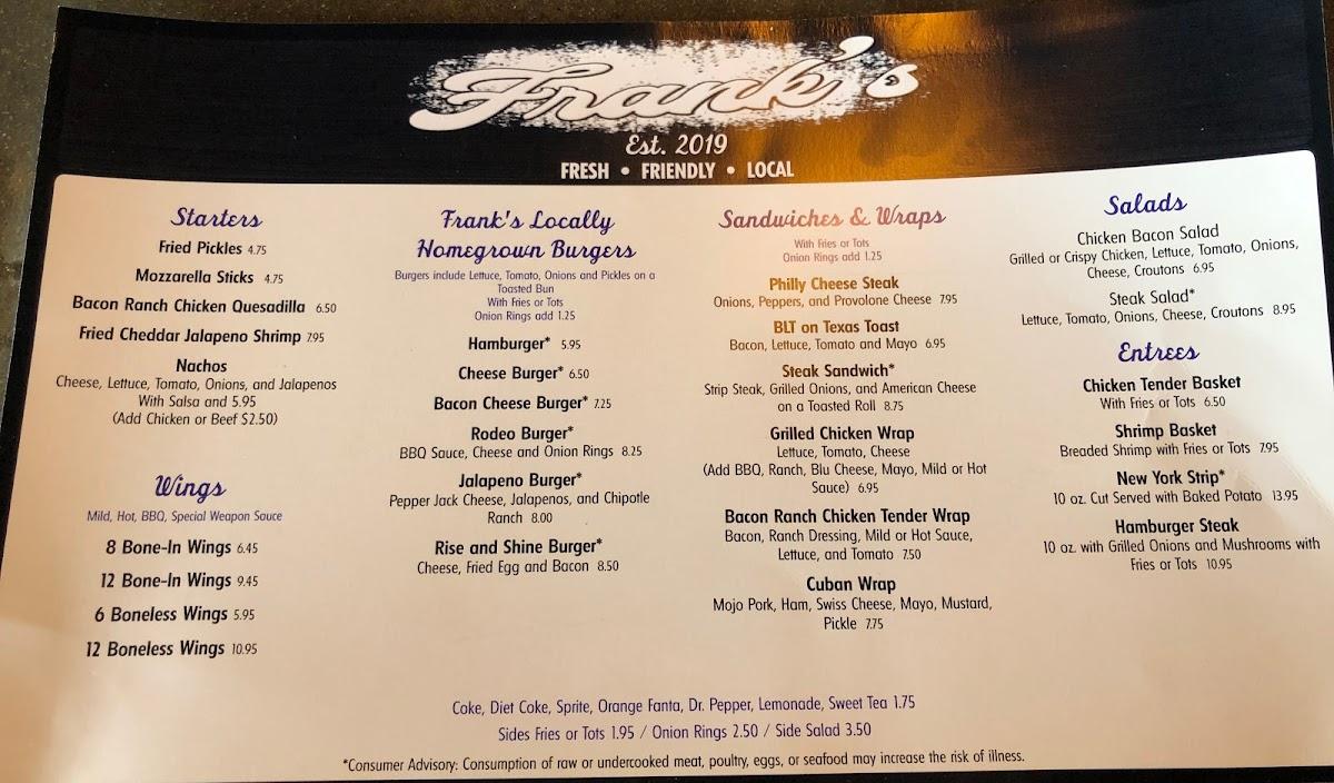 Menu at Frank’s pub & bar, Sparta