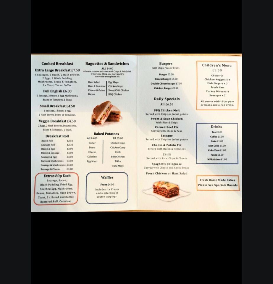 Menu at Mandys cafe, Ogmore Vale