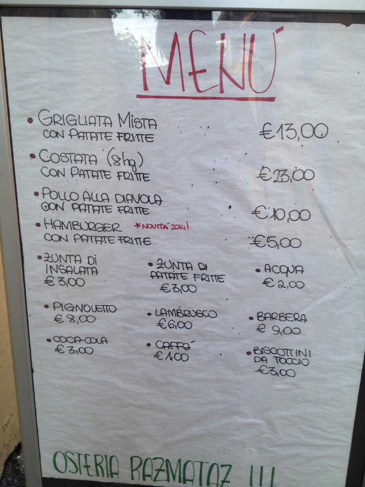 Menu da Razmataz ristorante, Crevalcore