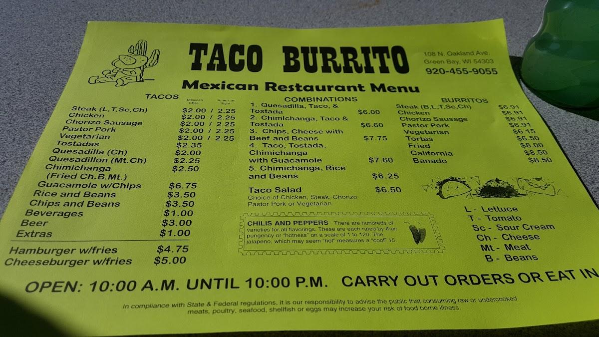 Menu at Taco Burrito Mexico restaurant, Green Bay, 108 N Oakland Ave