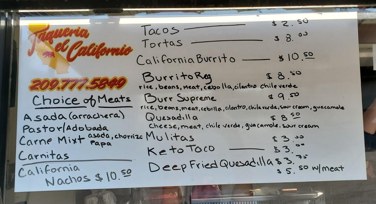 Menu at Taqueria El Californio restaurant, Merced