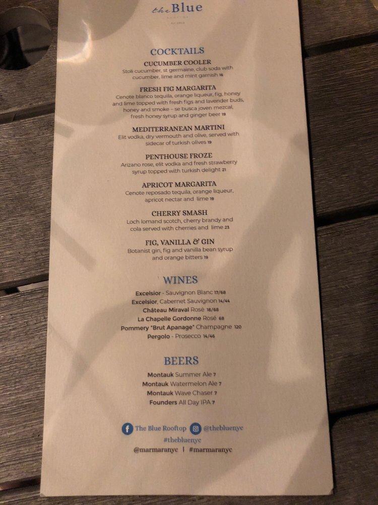 Menu at The Blue Rooftop pub & bar, New York City
