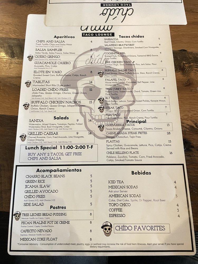 Menu at Chido Taco Lounge restaurant, Frisco