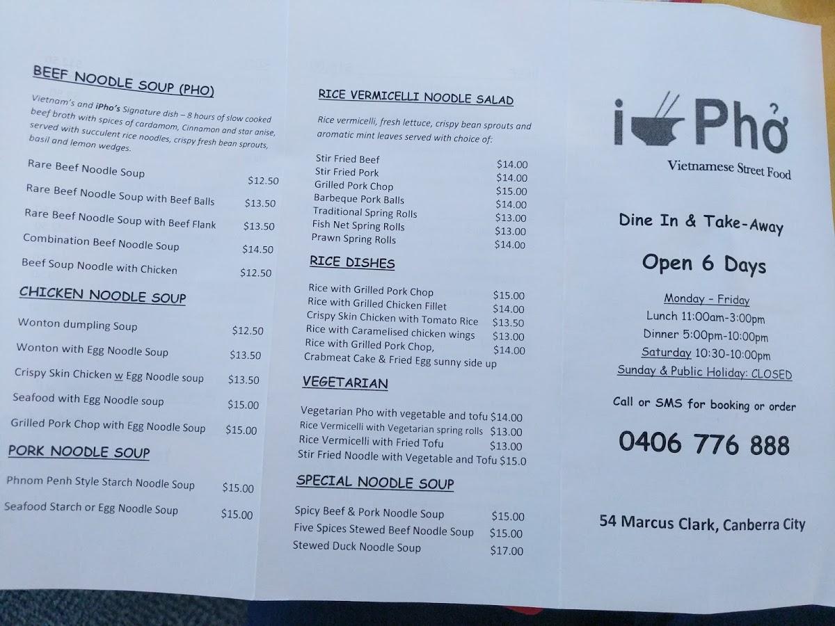 Menu at iPho restaurant, Canberra, 10 Rudd St