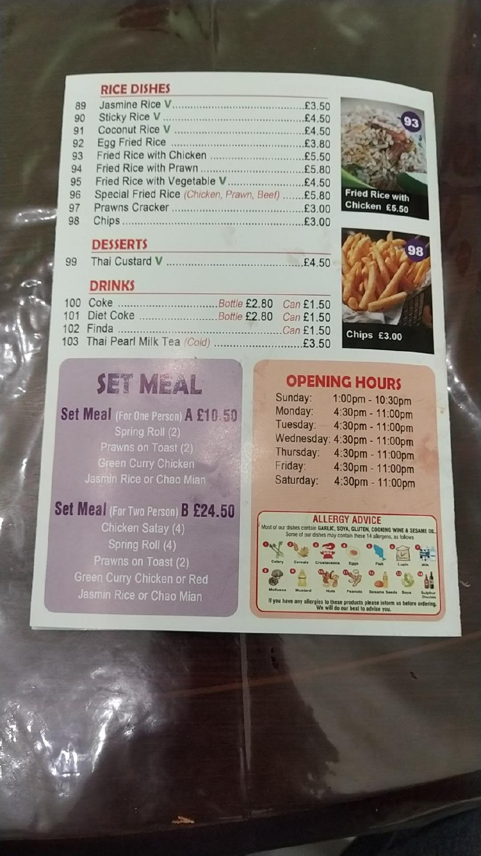 Menu at Bangkok Mami fast food, Gravesend