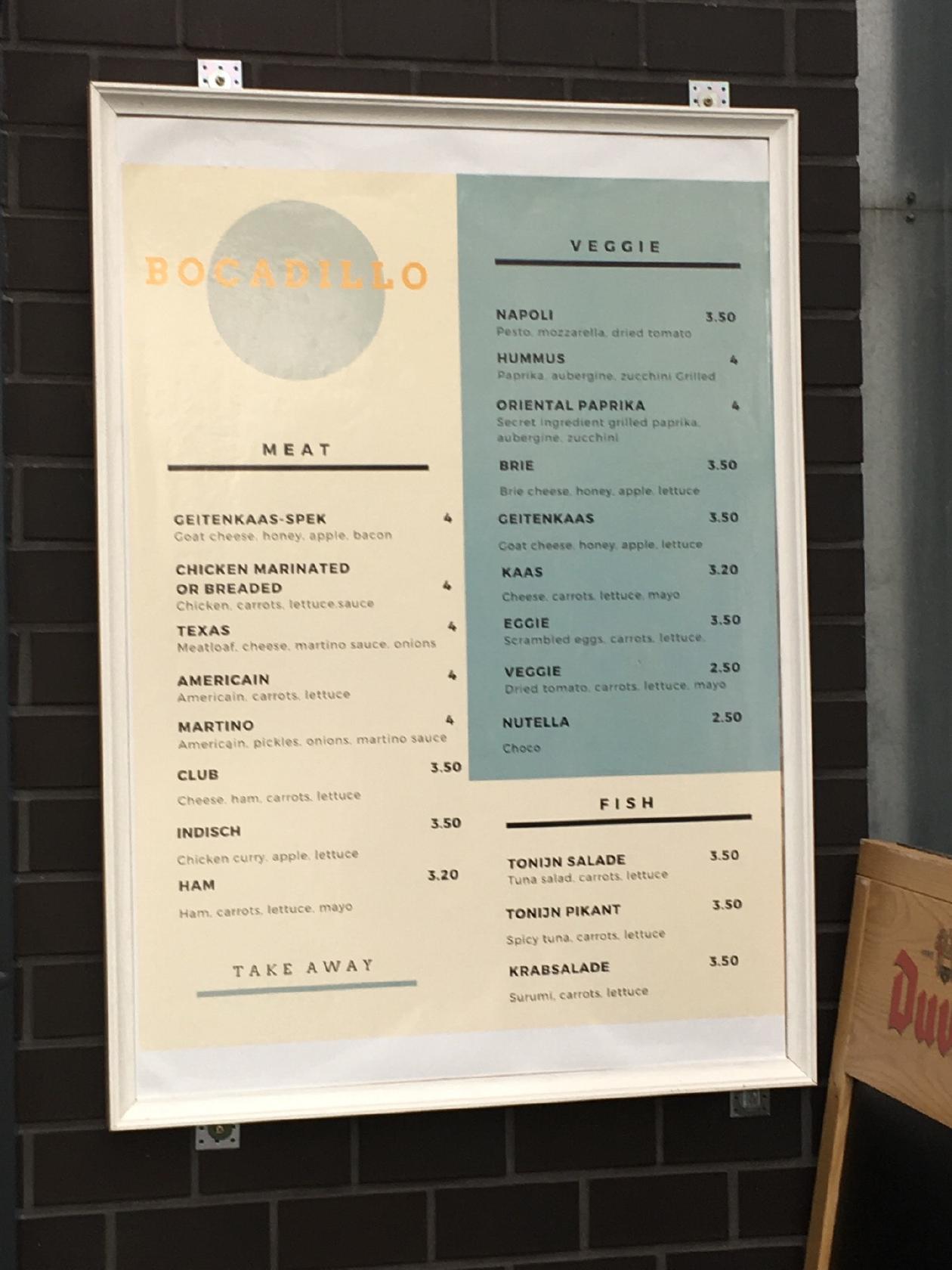 Menu at Bocadillo, Ixelles