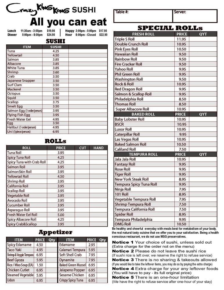 Menu at Crazy King Kong Sushi restaurant, Thousand Oaks