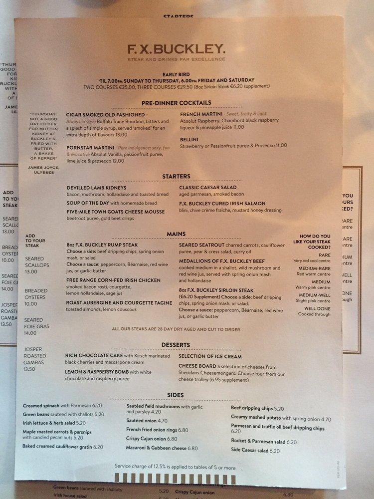 Menu at F.X. Buckley Steakhouse Pembroke Street, Dublin, 1A Pembroke ...