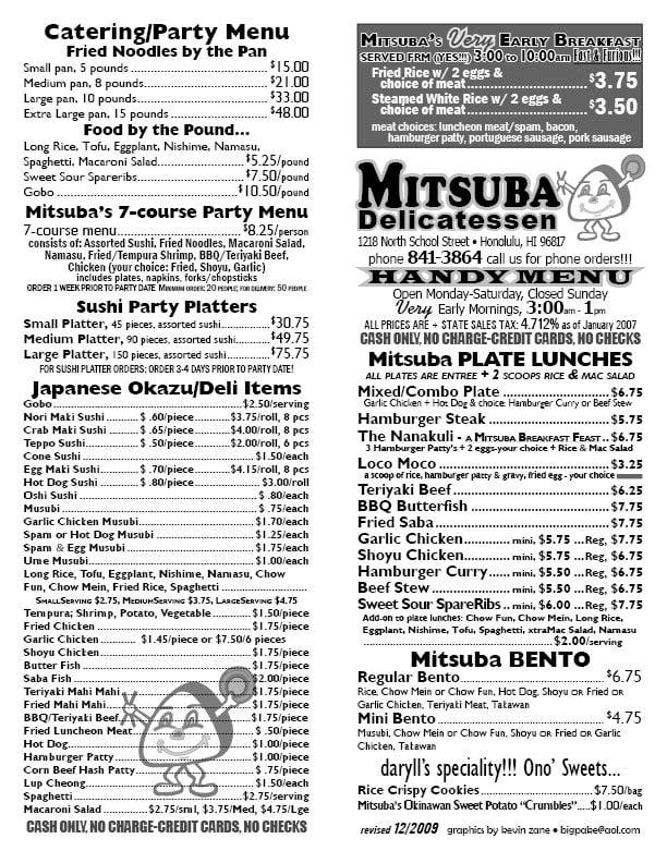 Menu at Mitsuba Delicatessen restaurant, Honolulu