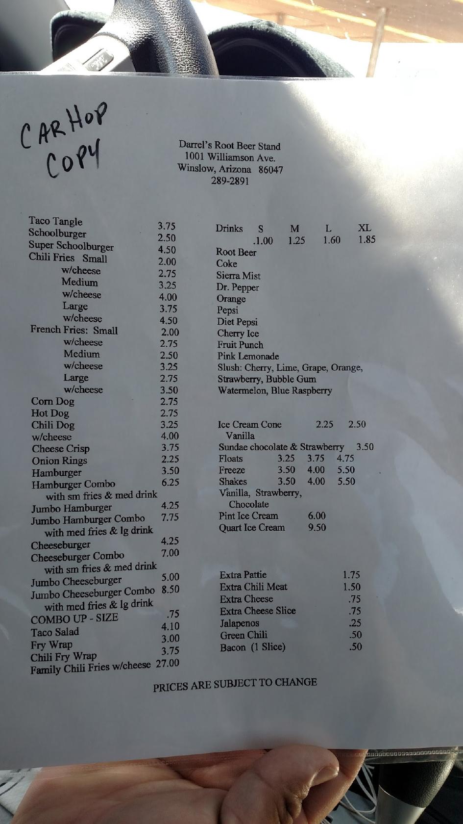 Menu at Root Beer Stand restaurant, Winslow
