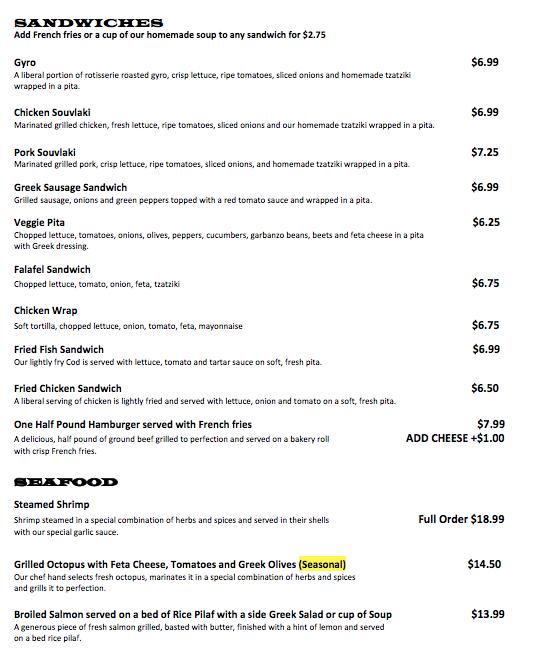 Menu at Seven Springs Souvlaki restaurant, New Port Richey