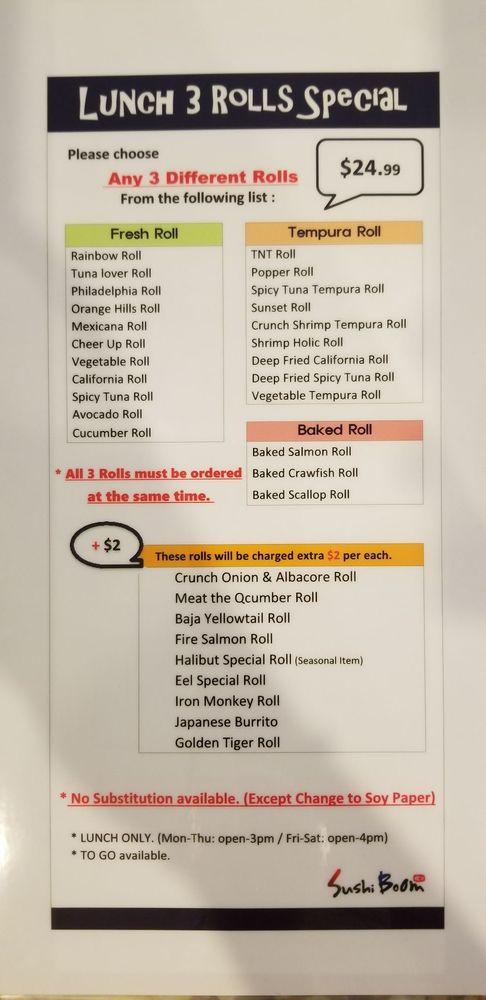 Menu at Sushi Boom restaurant, Orange