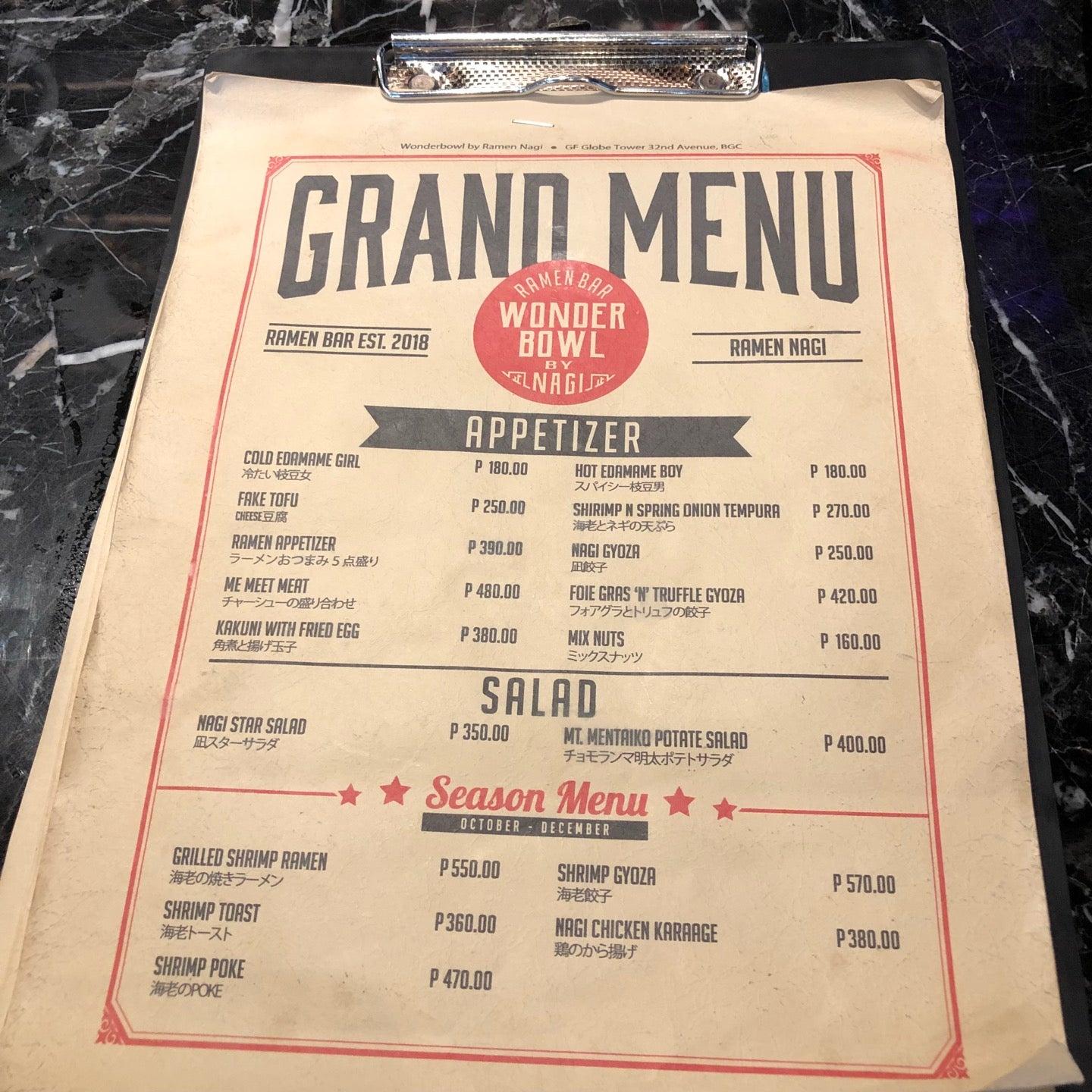 Menu at Wonder Bowl by Ramen Nagi restaurant, Taguig