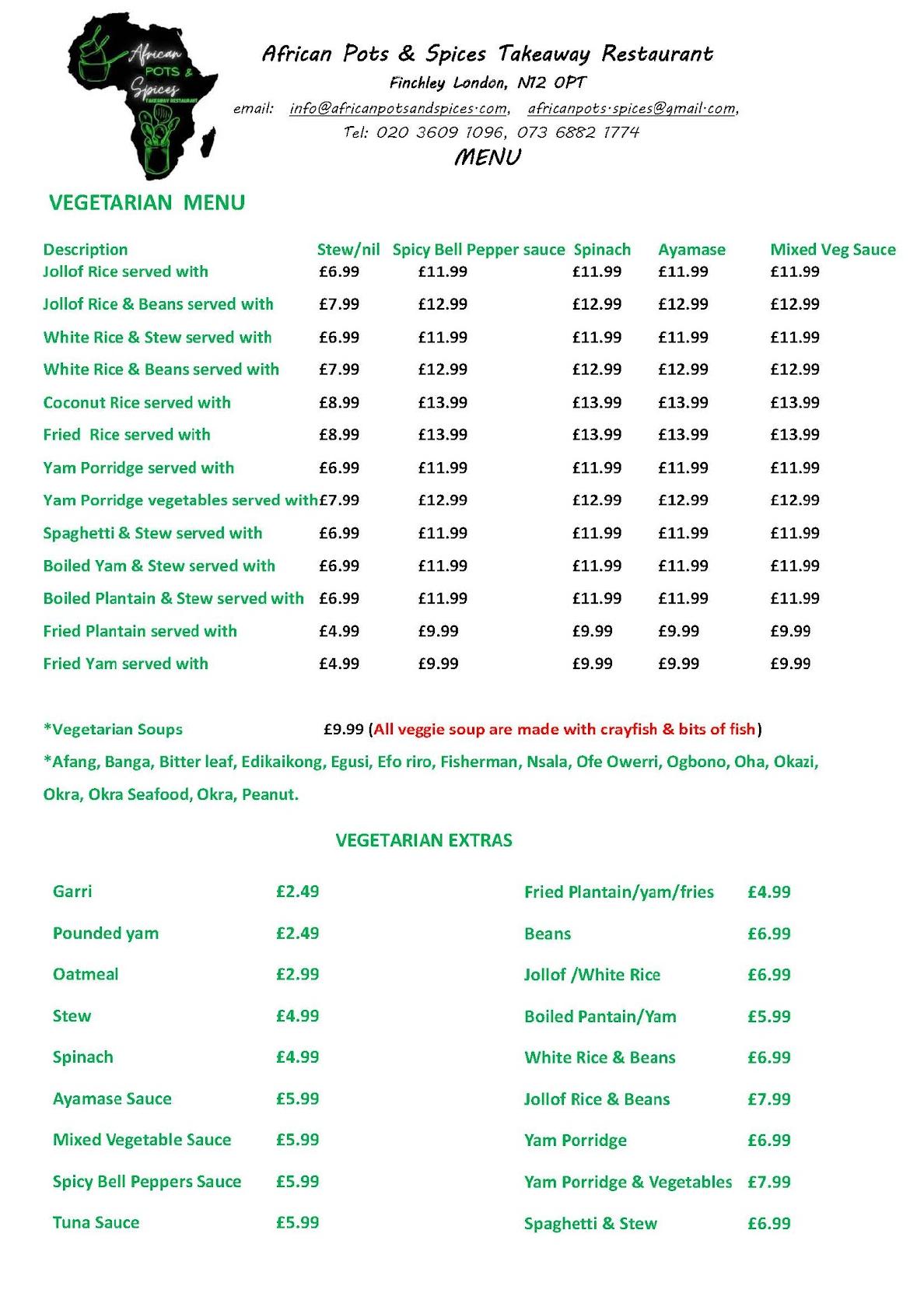 Menu at African Pots & Spices Takeaway Restaurant- Nigerian, London