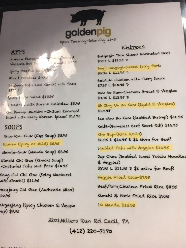 Menu at Golden Pig restaurant, Cecil-Bishop