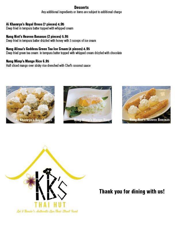 Menu at KB's Thai Hut restaurant, Sacramento