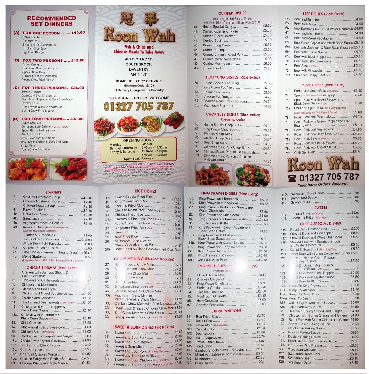 Menu at Koon Wah Chinese Takeaway fast food, Daventry