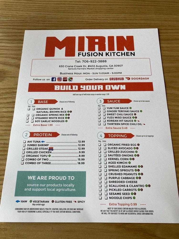 Menu at Mirin Fusion Kitchen In Augusta restaurant, Augusta