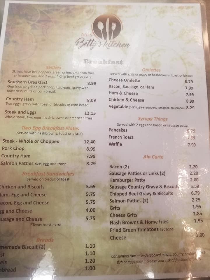 Menu at Mrs Betty's Kitchen restaurant, Racine