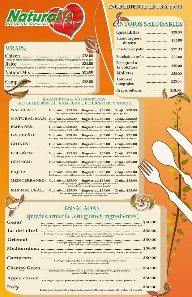 Menu at Natural's restaurant, Campeche
