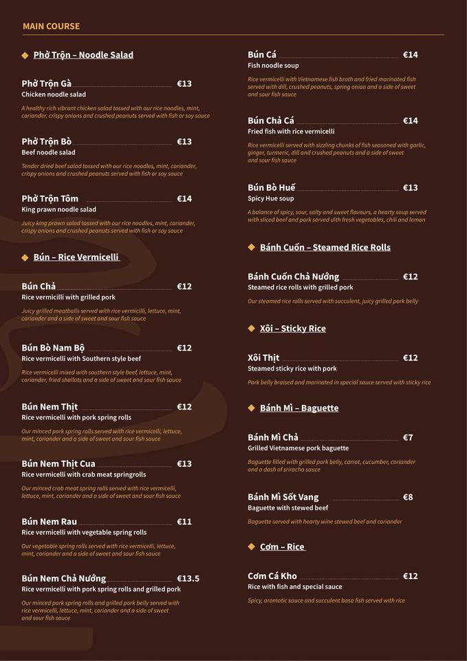 Menu at Pho Ta restaurant, Dublin