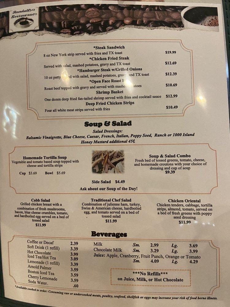 Menu at Randall's Restaurant, Cottonwood