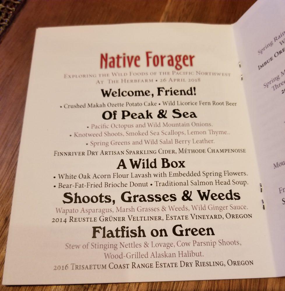 Menu at The Herbfarm restaurant, Woodinville