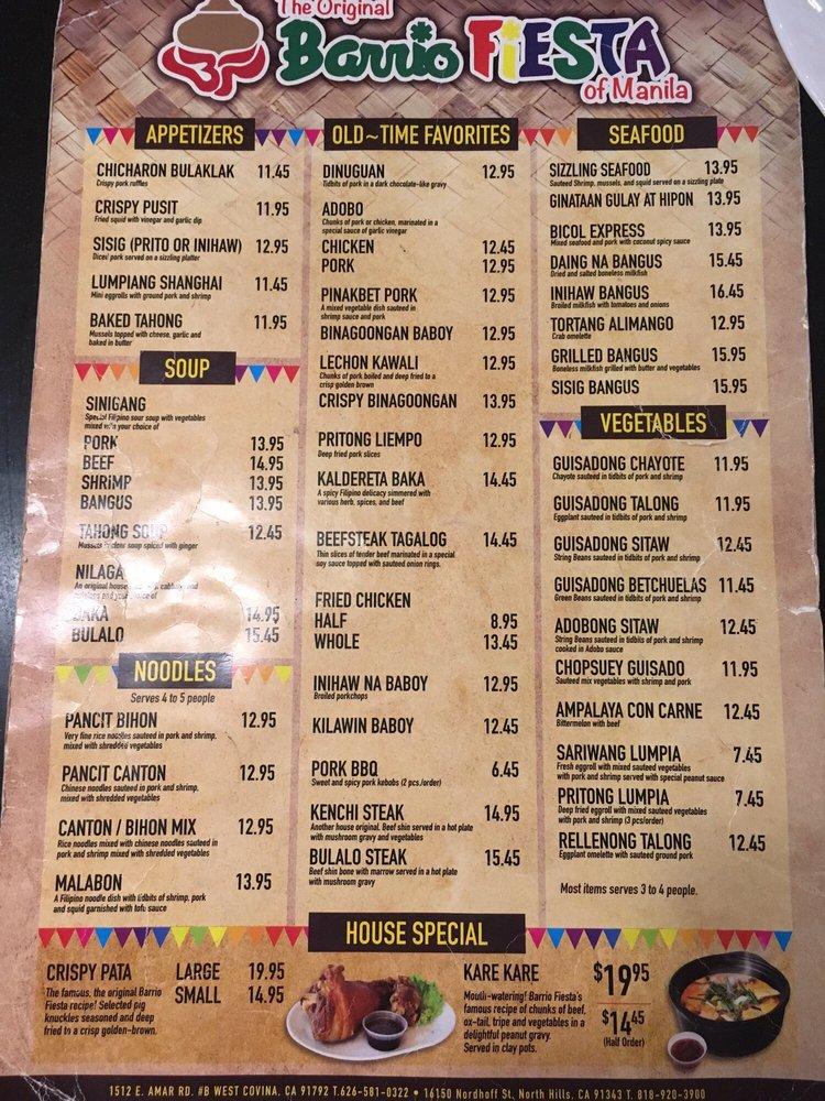 Menu at The Original Barrio Fiesta of Manila, Los Angeles, Nordhoff St