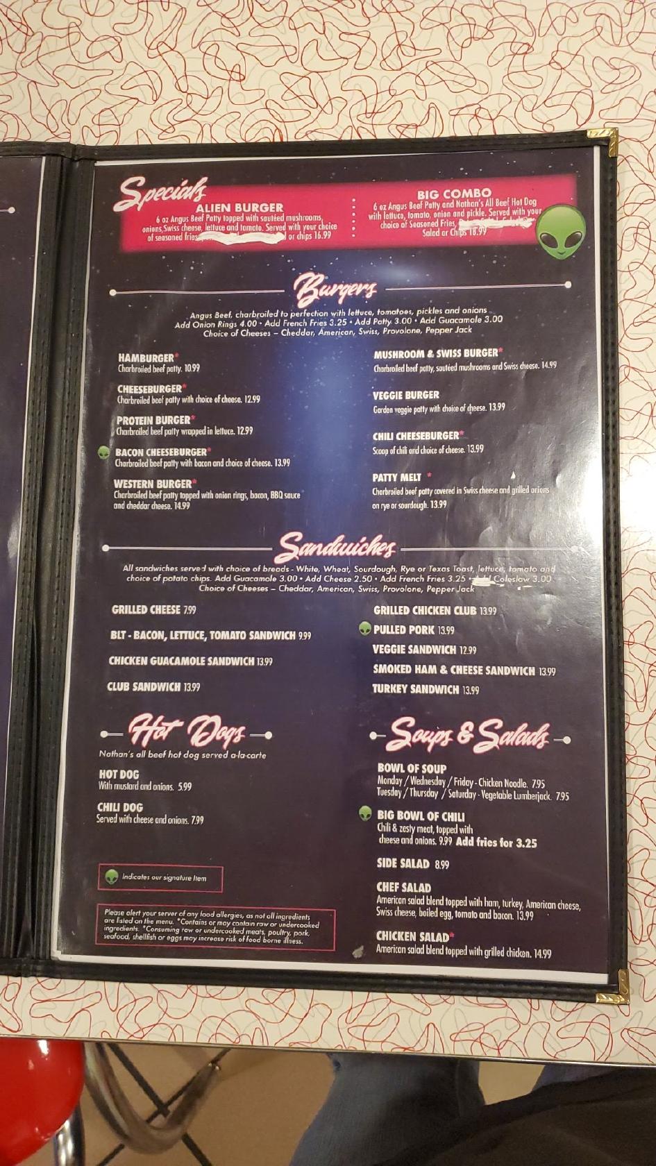 Menu at Mr. Alien Sandwiches and frozen yogurt cafe, Amargosa Valley, US-95