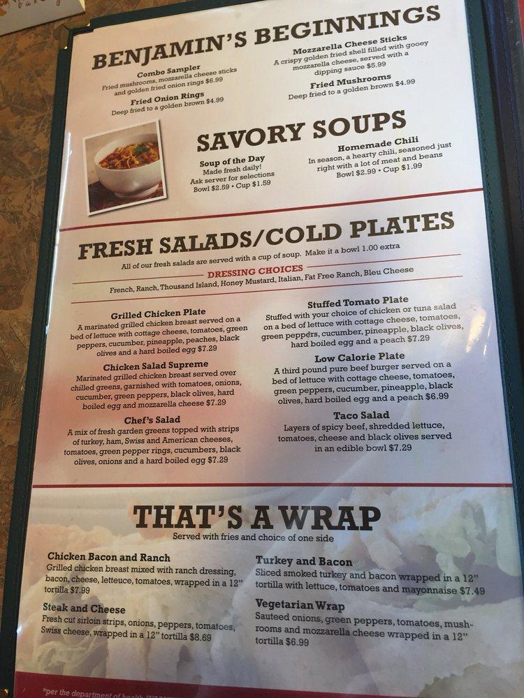 Menu at Benjamin's Restaurant, Covington