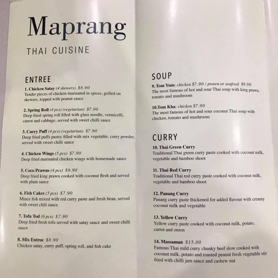 Menu at Maprang Thai Cuisine restaurant, Lawson