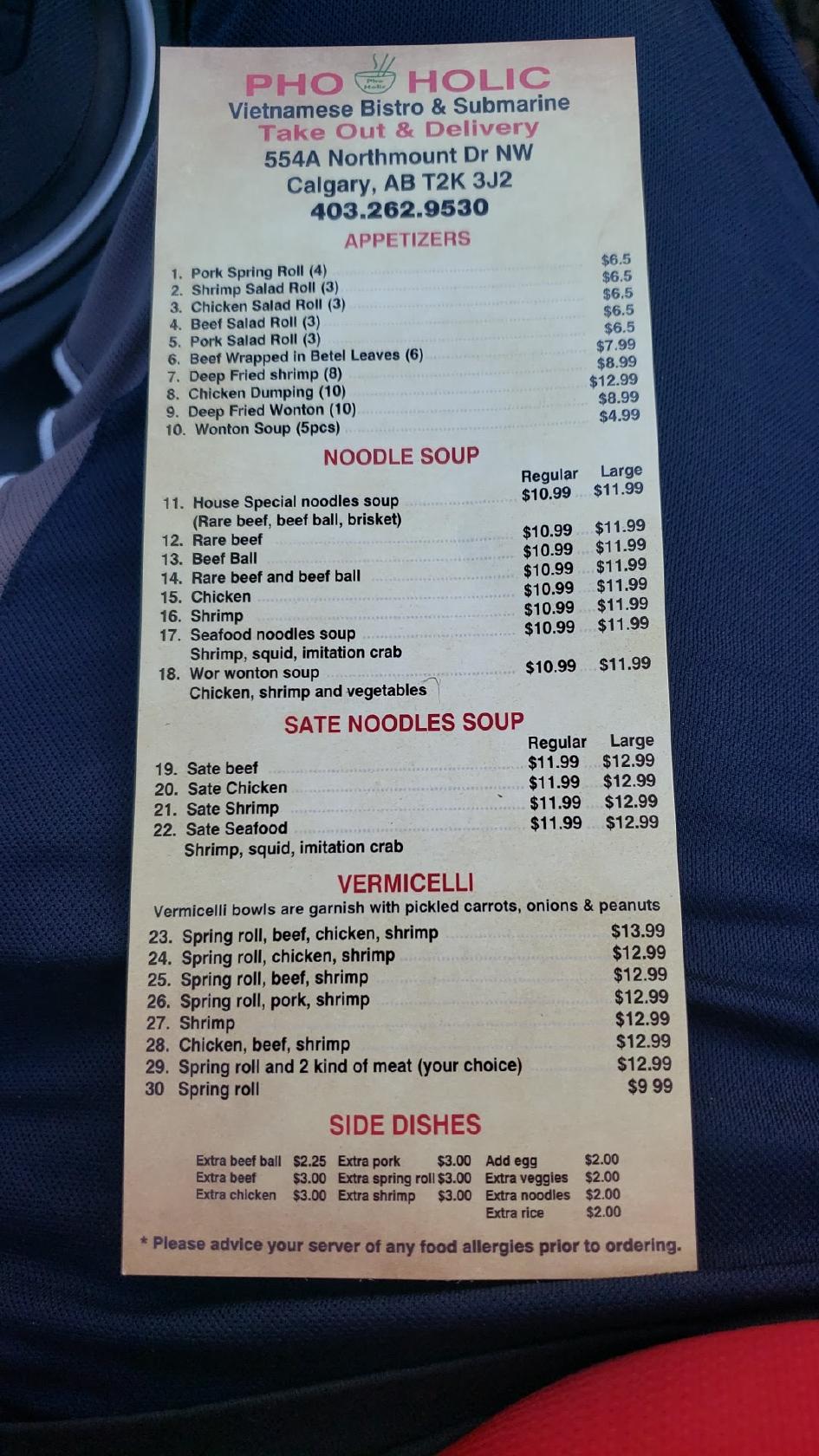 Menu at PHO HOLIC - Vietnamese Bistro & Submarine restaurant, Calgary