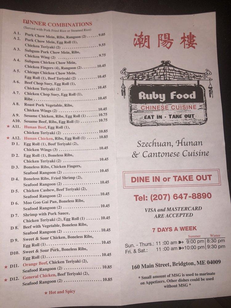 Carta del restaurante Ruby Food, Bridgton