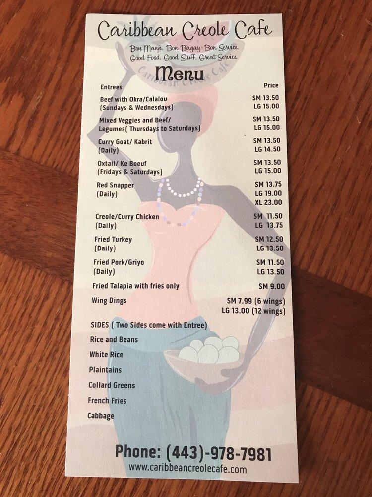 Menu at Caribbean Creole Cafe, Salisbury
