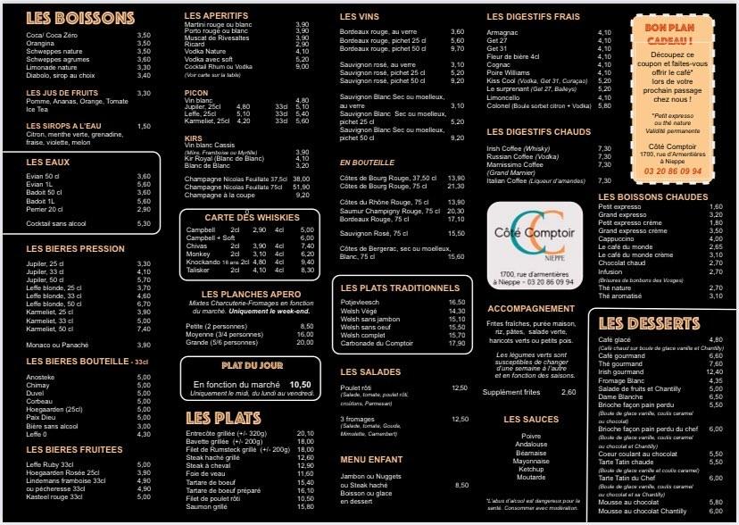 Menu au Côté Comptoir restaurant, Nieppe