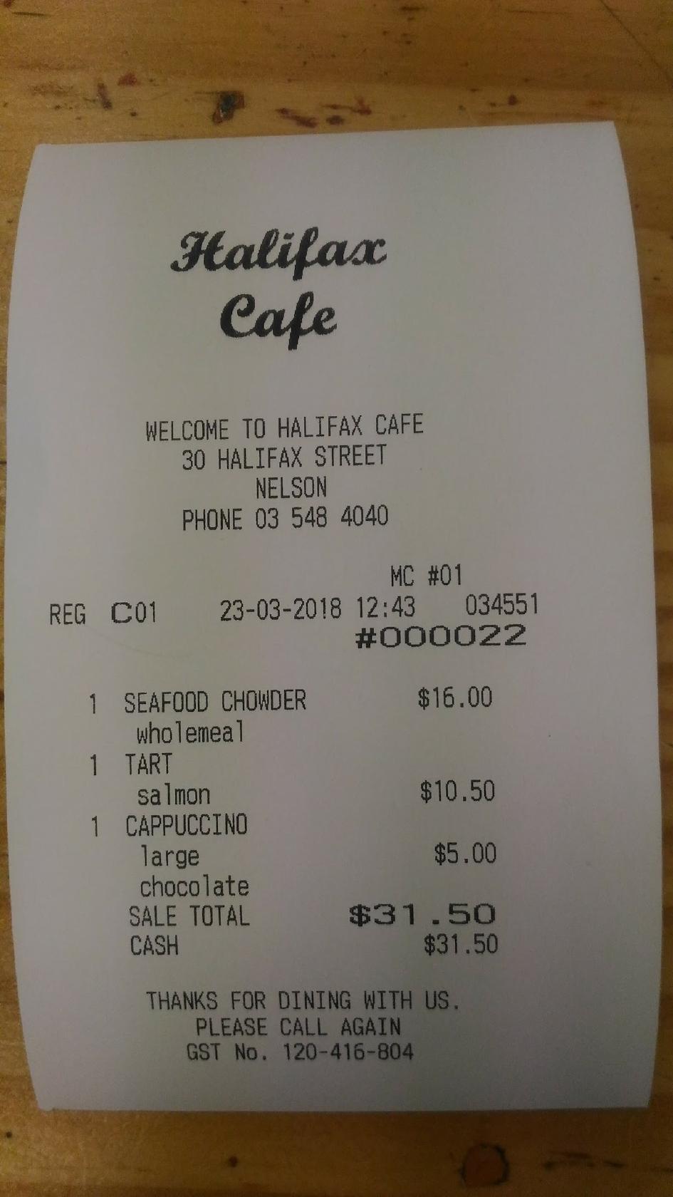 Menu at HALIFAX CAFE, Nelson