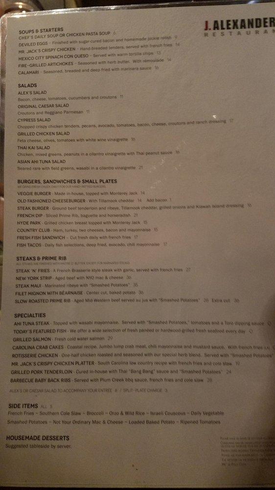 Menu at J. Alexander's Restaurant, Plantation