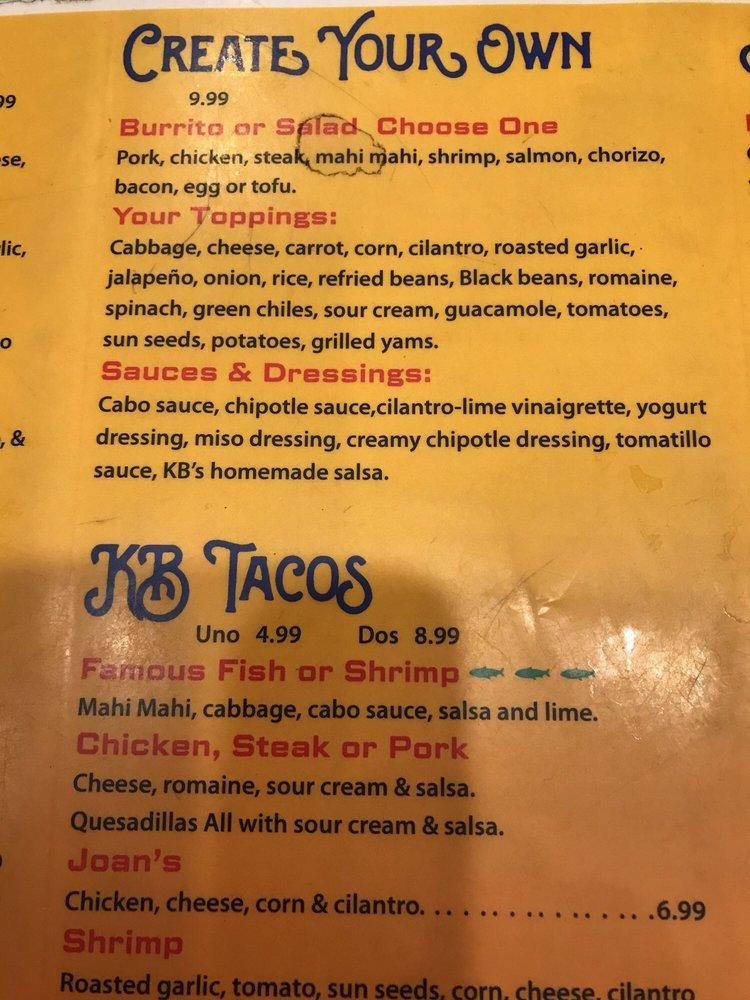 Menu at KB's Hailey restaurant, Hailey