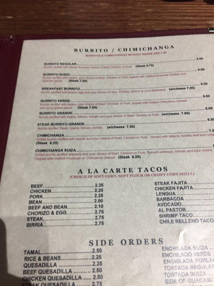 Menu at Mexico Uno restaurant, Palatine