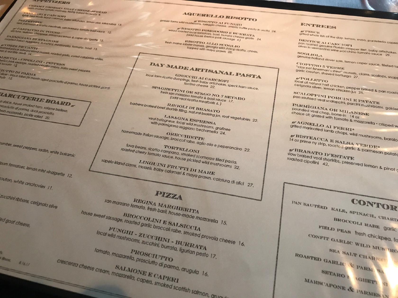 Menu at Pricci restaurant, Atlanta, 500 Pharr Rd NE