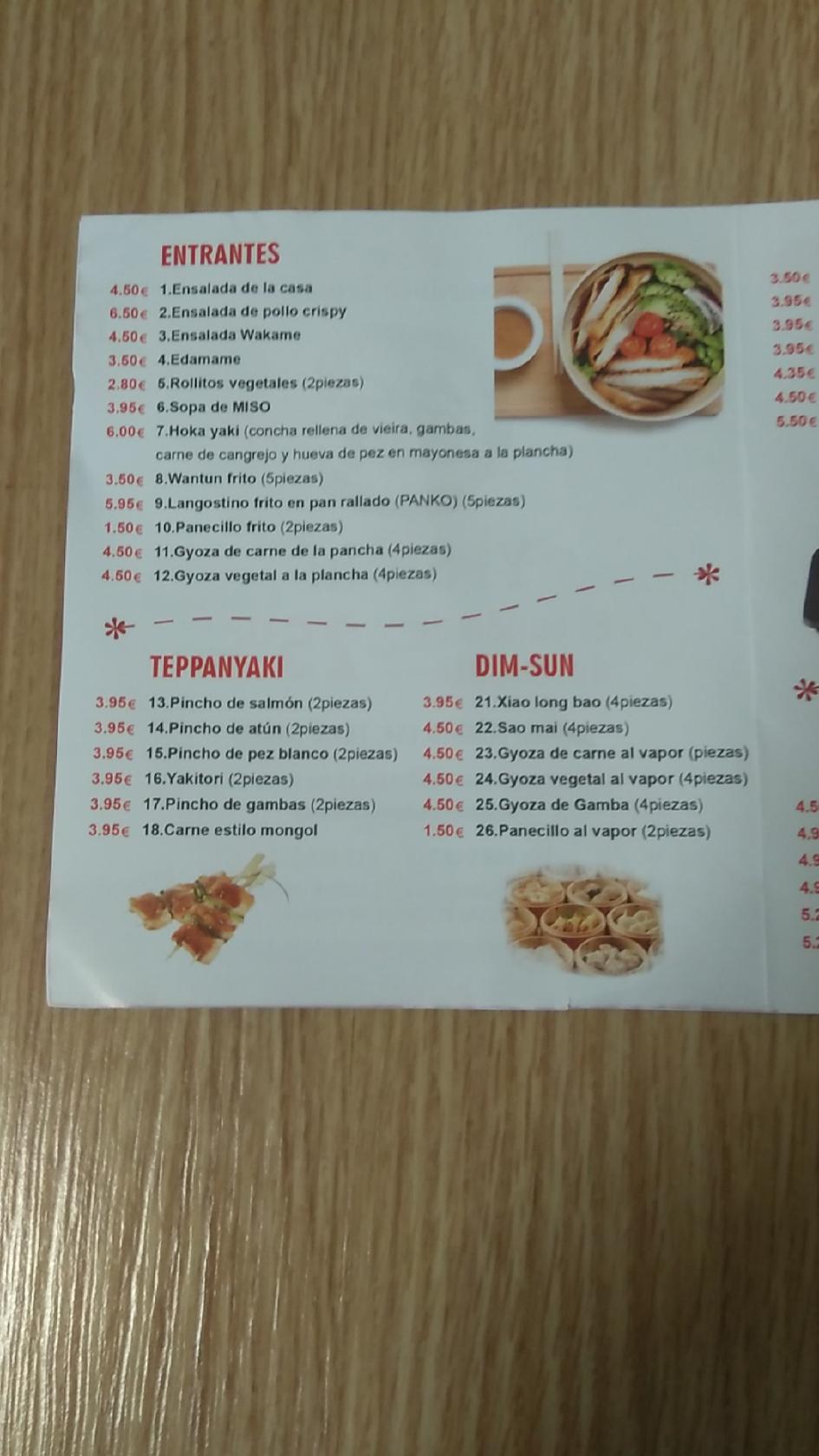 Menu at Yi sushi restaurant, Murcia