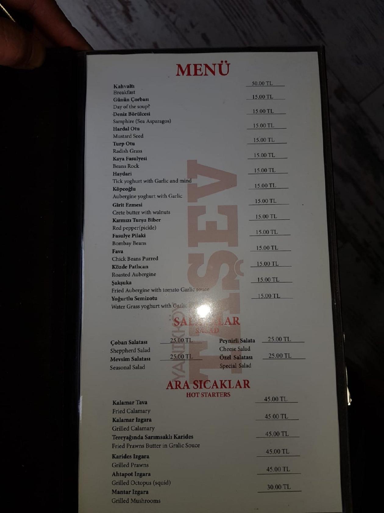 Menu at Tas Ev, Sapanca