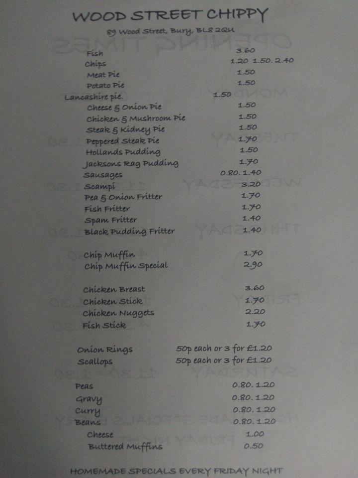 Menu at Wood Street Chippy fast food, Bury