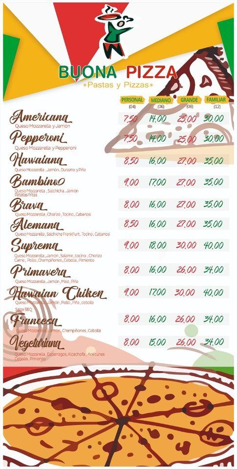Menu at Buona Pizza restaurant, Rimac, Av. Indoamerica 745