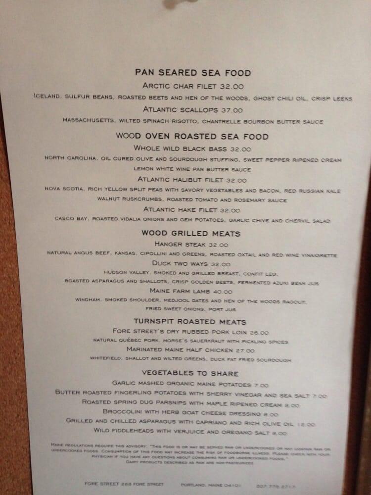 Menu at Fore Street Restaurant, Portland