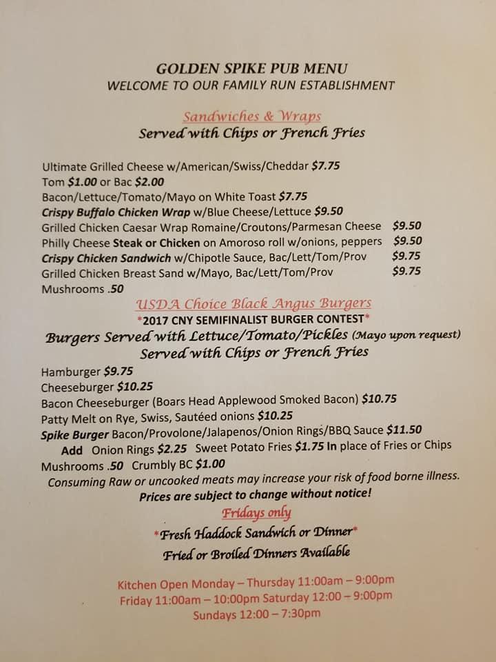 Menu at Golden Spike Pub, East Syracuse
