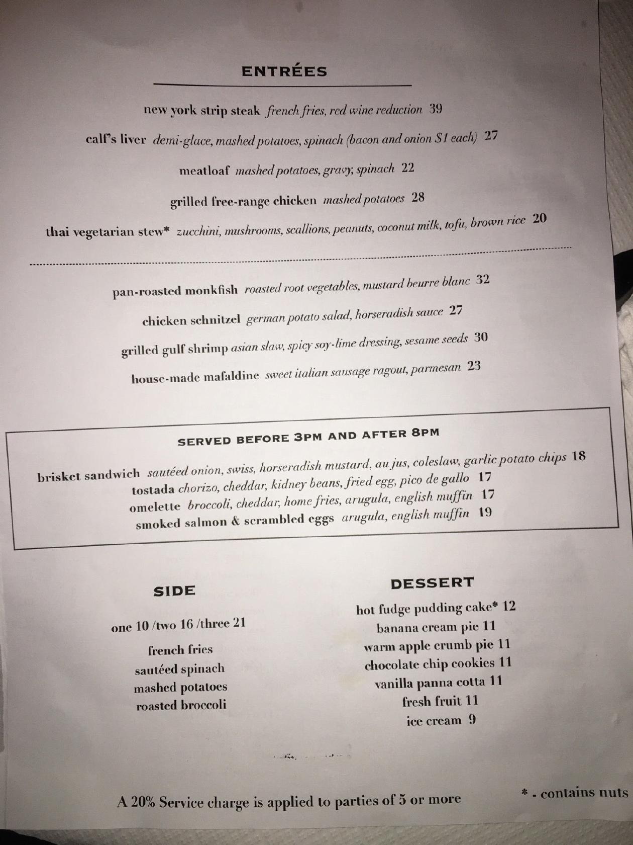 Menu at Joe Allen pub & bar, West New York